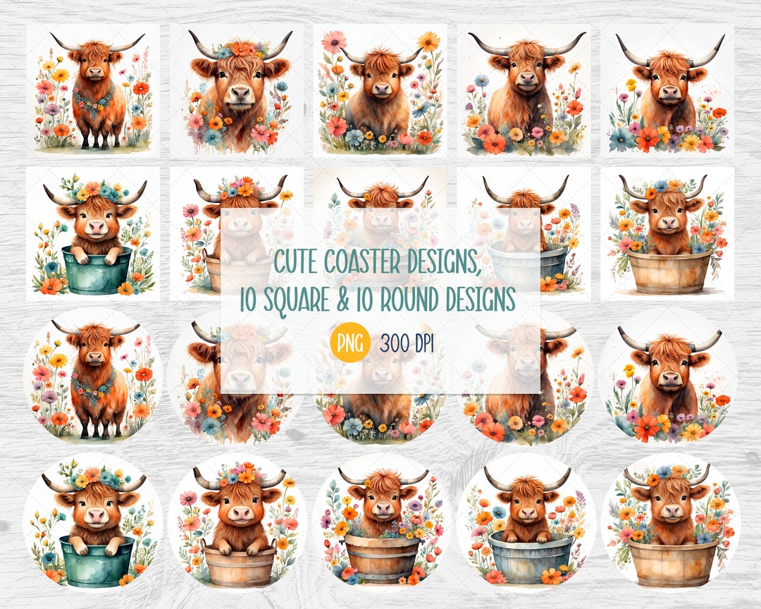 Cute Cow Coaster Bundle Design, Kids Square Coasters, Childish Round ...