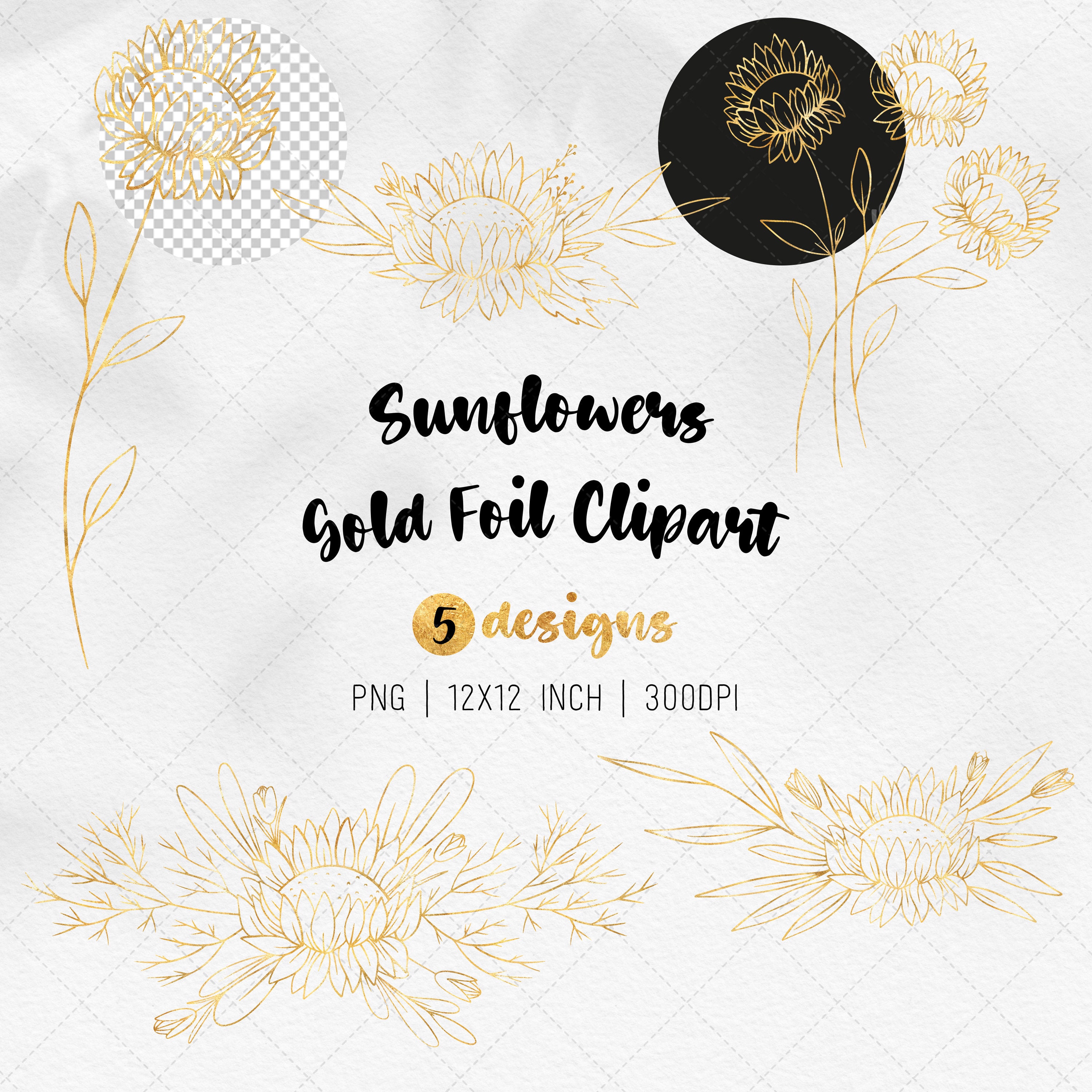 Sunflowers Gold Foil Clipart, Gold Flower Clipart, Overlays Photo ...