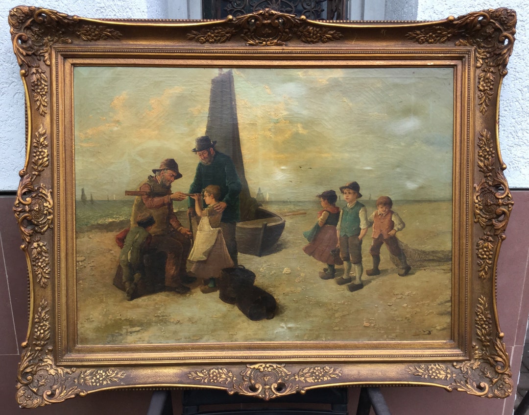 Oil Painting by F.holzer Scene on the Beach With Boats and People - Etsy