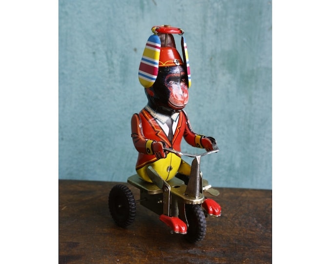 Vintage Tin Toys, 90's Metal Toys, Monkey on A Tricycle Tin Toy, Wind ...