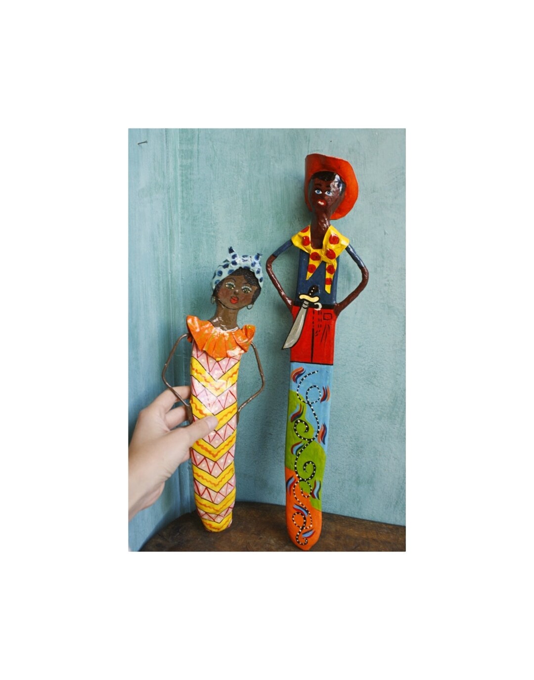 Set of 2 Papier Mâché Boy and Girl Figurines, Vintage Caribbean ...