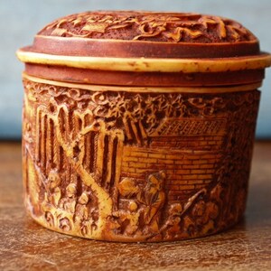 Vintage Chinese Carved Round Box, Carved Lacquer Box, Cinnabar Resin ...