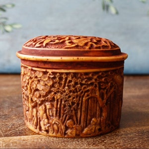 Vintage Chinese Carved Round Box, Carved Lacquer Box, Cinnabar Resin ...