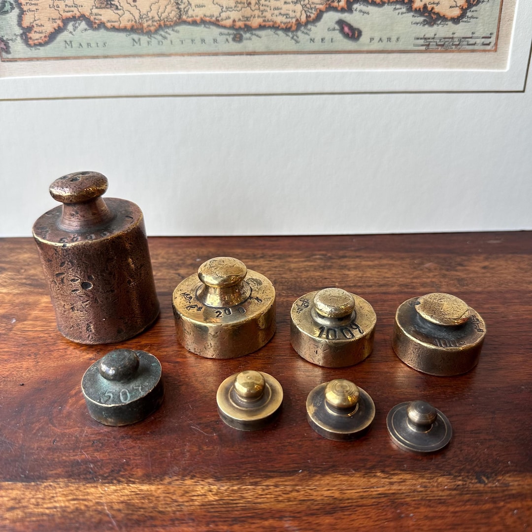 Set of 8 Vintage Scale Weights in Wooden Base, Bronze Weights, Brass ...