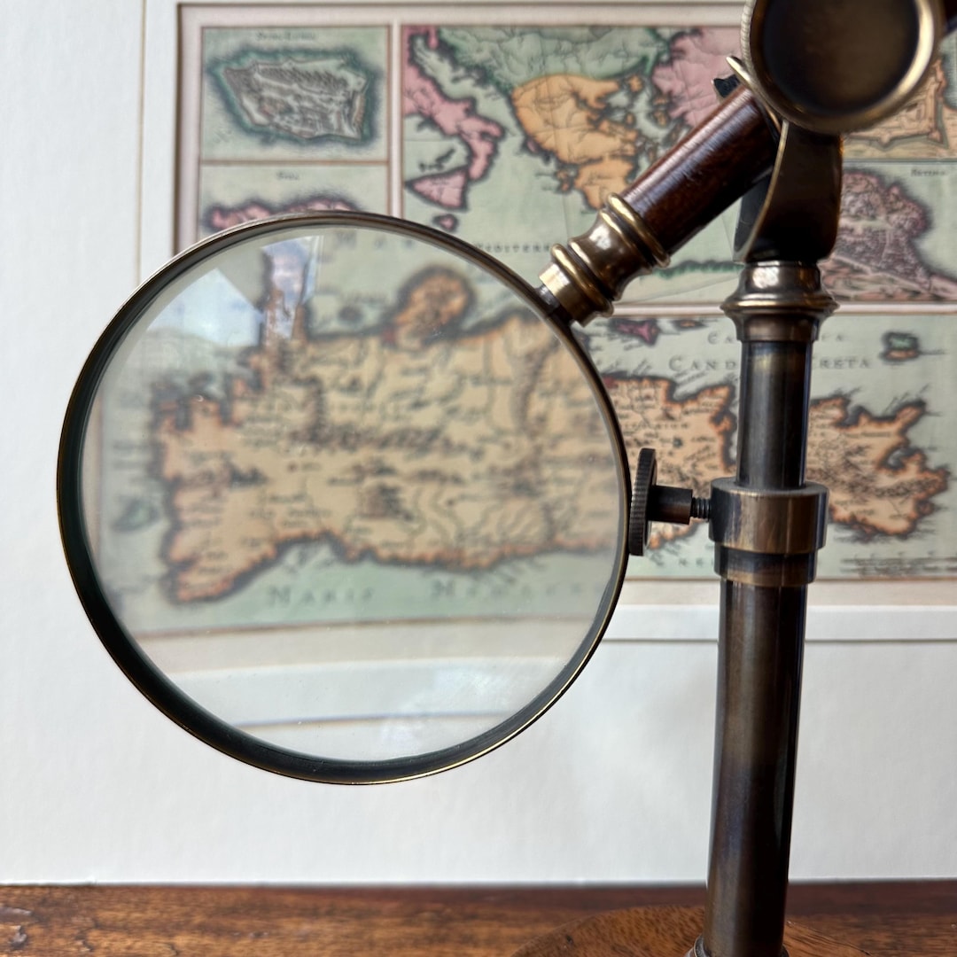 Magnifying Glass on Wooden Stand, Tabletop Magnifying Glass, Brass ...