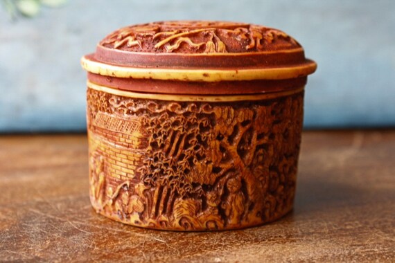 Vintage Chinese Carved Round Box, Carved Lacquer Box,… - Gem