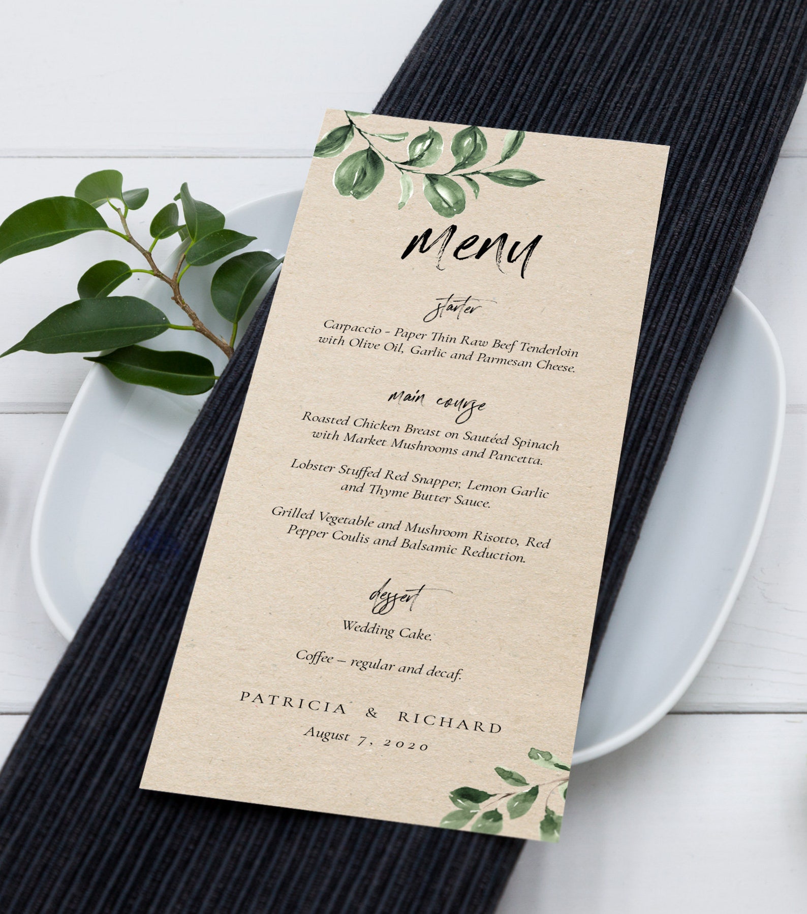 Wedding Menu Template With Hand painted Watercolor Greenery Etsy