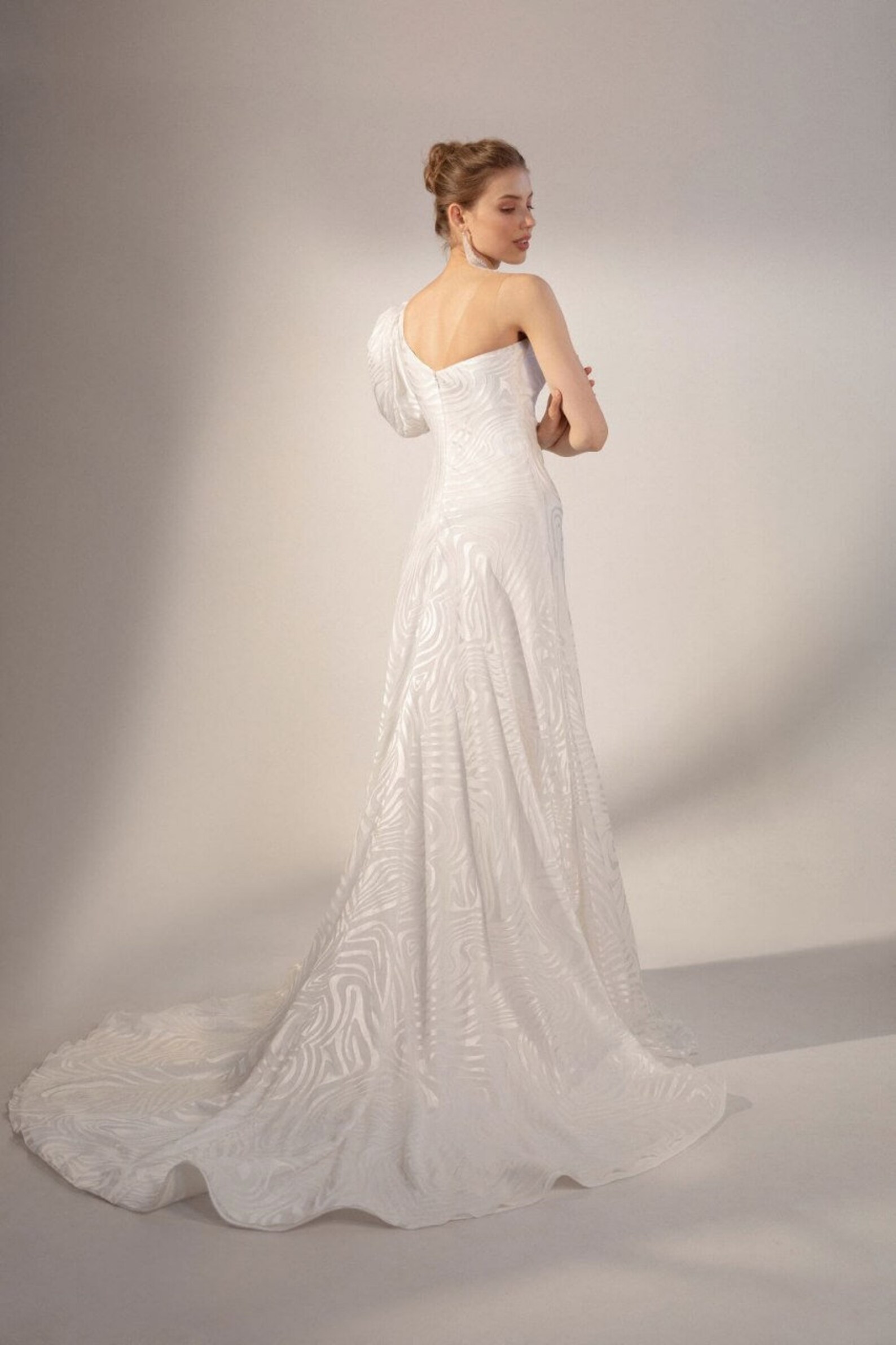 A-line Silk One Sleeve Wedding Dress FIZALIA With a Train. | Etsy