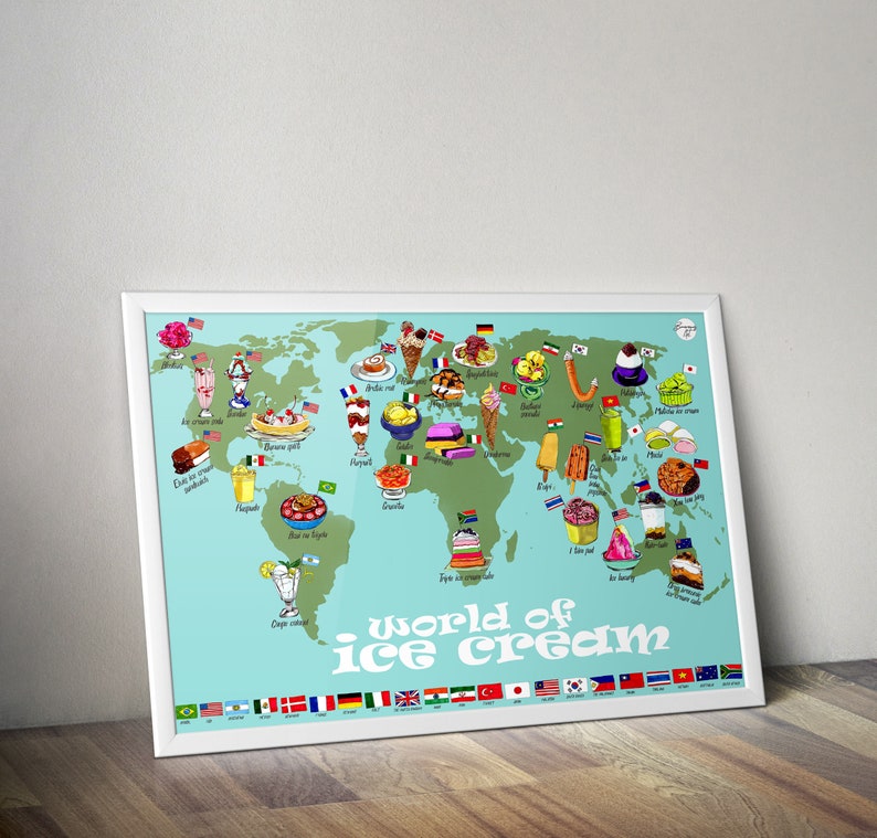Ice Cream World Map Printable Poster Icecream Illustrated Map - Etsy