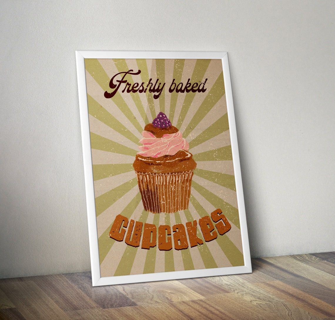 Printable Cupcake Poster, Retro Style Cupcake Wall Art, Vintage Kitchen ...