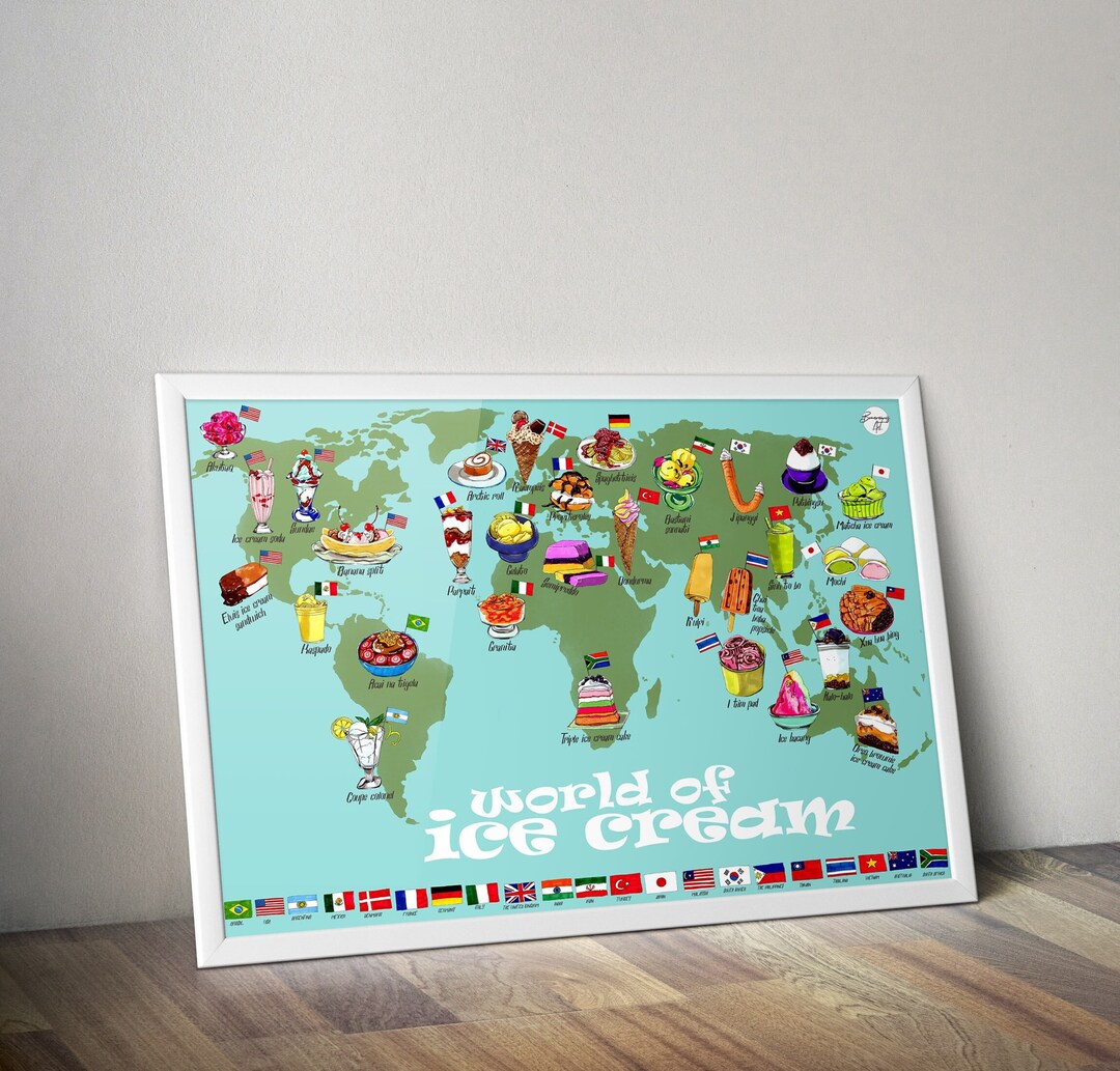 Ice Cream World Map Printable Poster, Icecream Illustrated Map for Kids ...