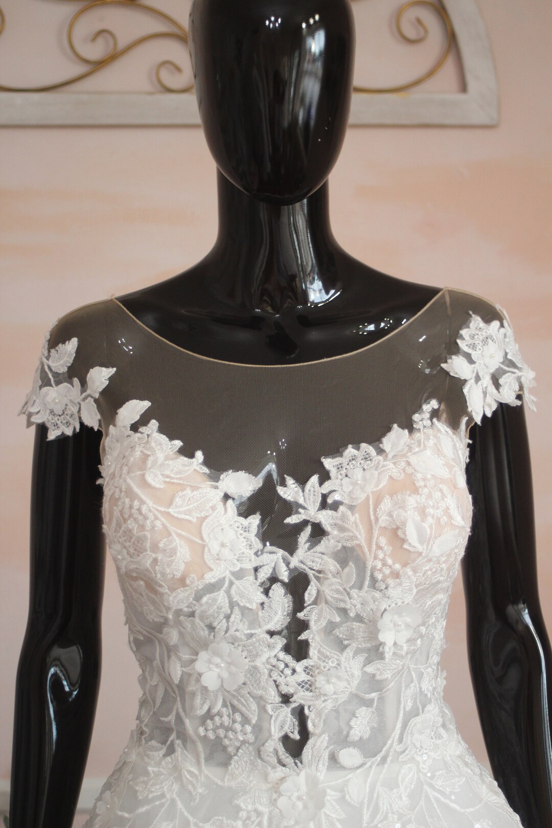 Unique Lace Wedding Dress in Sparkly Glitter With Nude Tulle Bodice, A ...