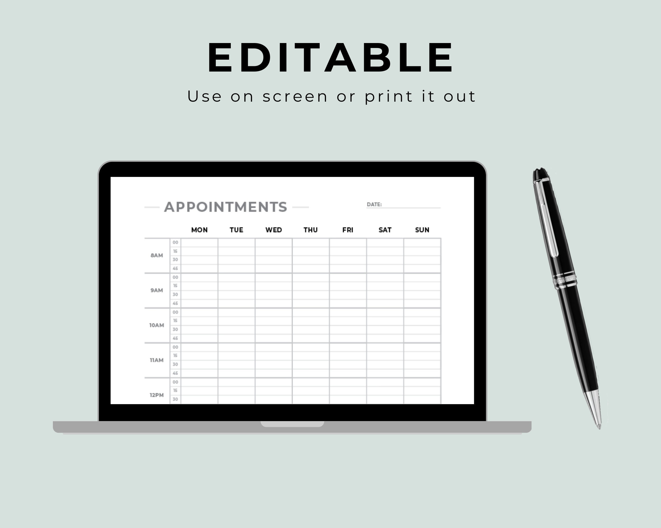 Appointment Planner, Printable Appointment Planner Template, Salon ...