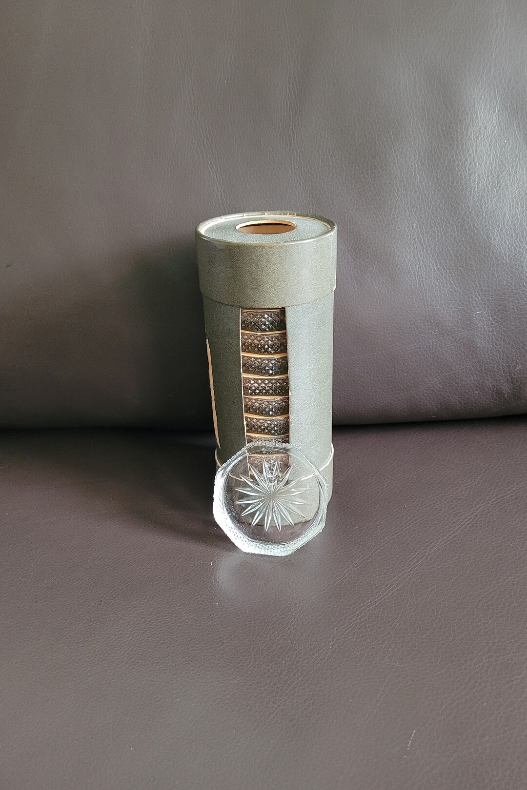 Vintage Cut Glass Octagonal Coasters (12) in Green Cardboard Cylinder ...