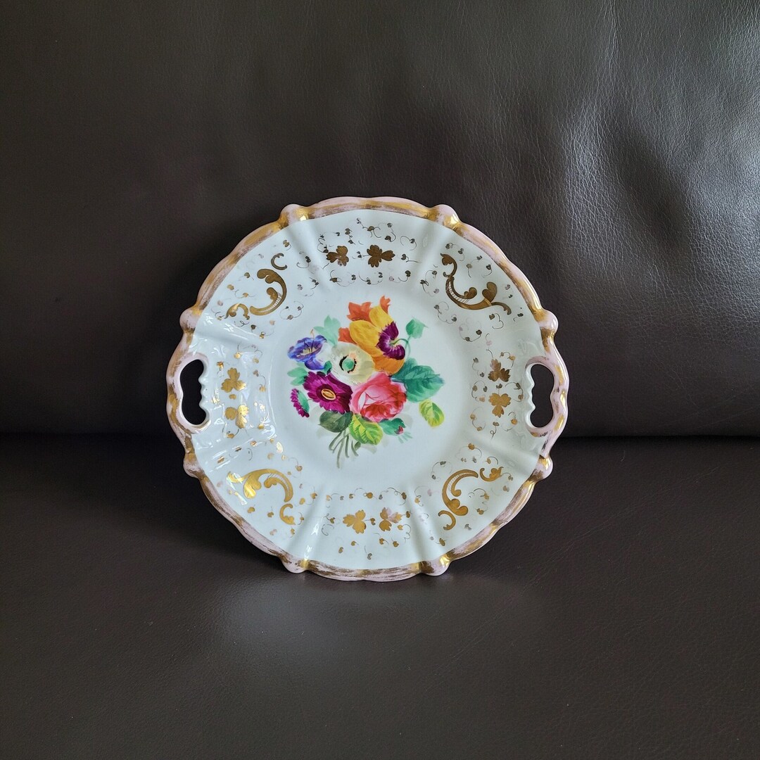 Antique Porcelain Plate With Handles, Handpainted With Flowers and Gilt ...