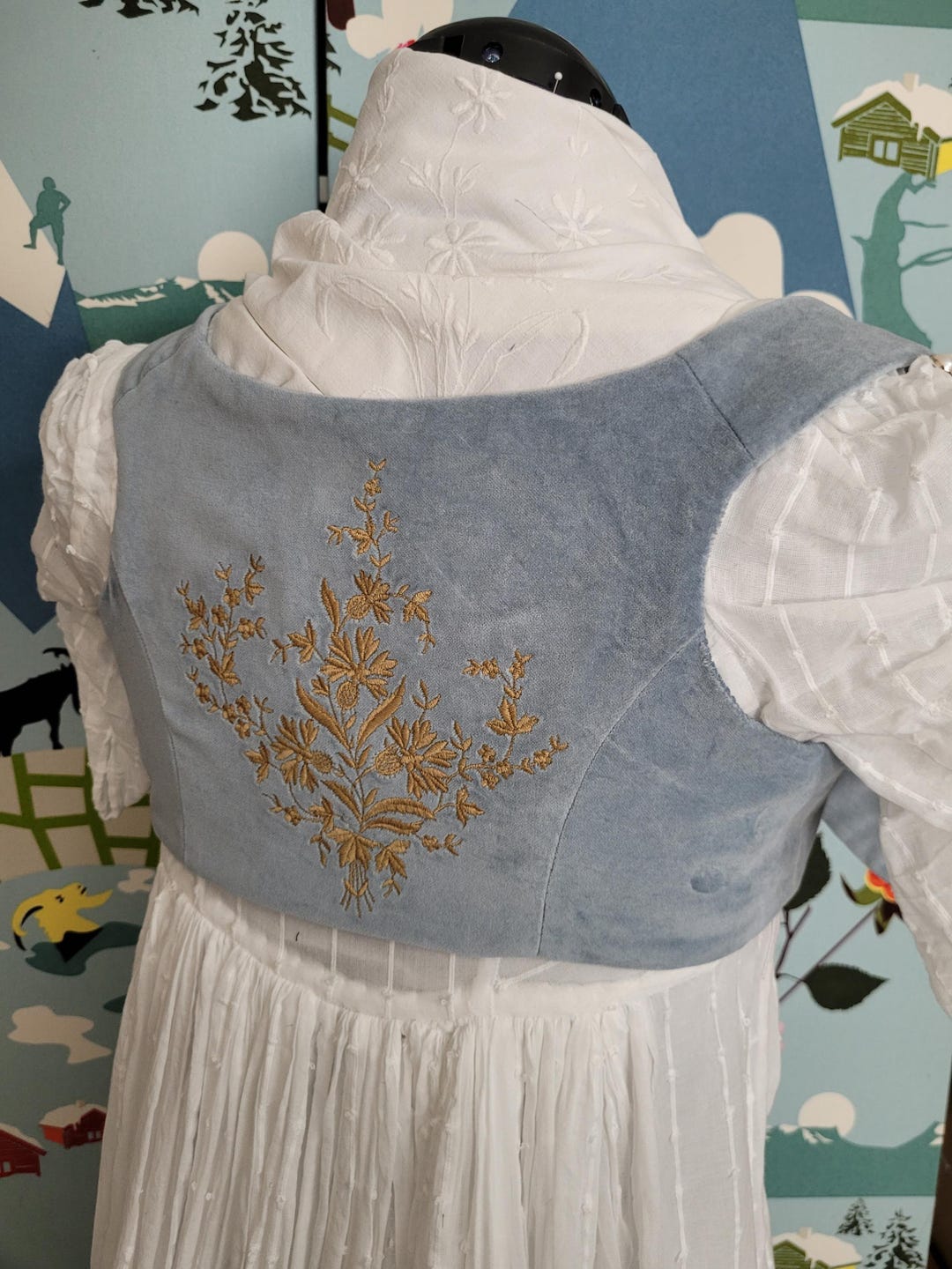Light Blue Velvet Regency Spencer: Gold Embroidery, Sleeveless ...