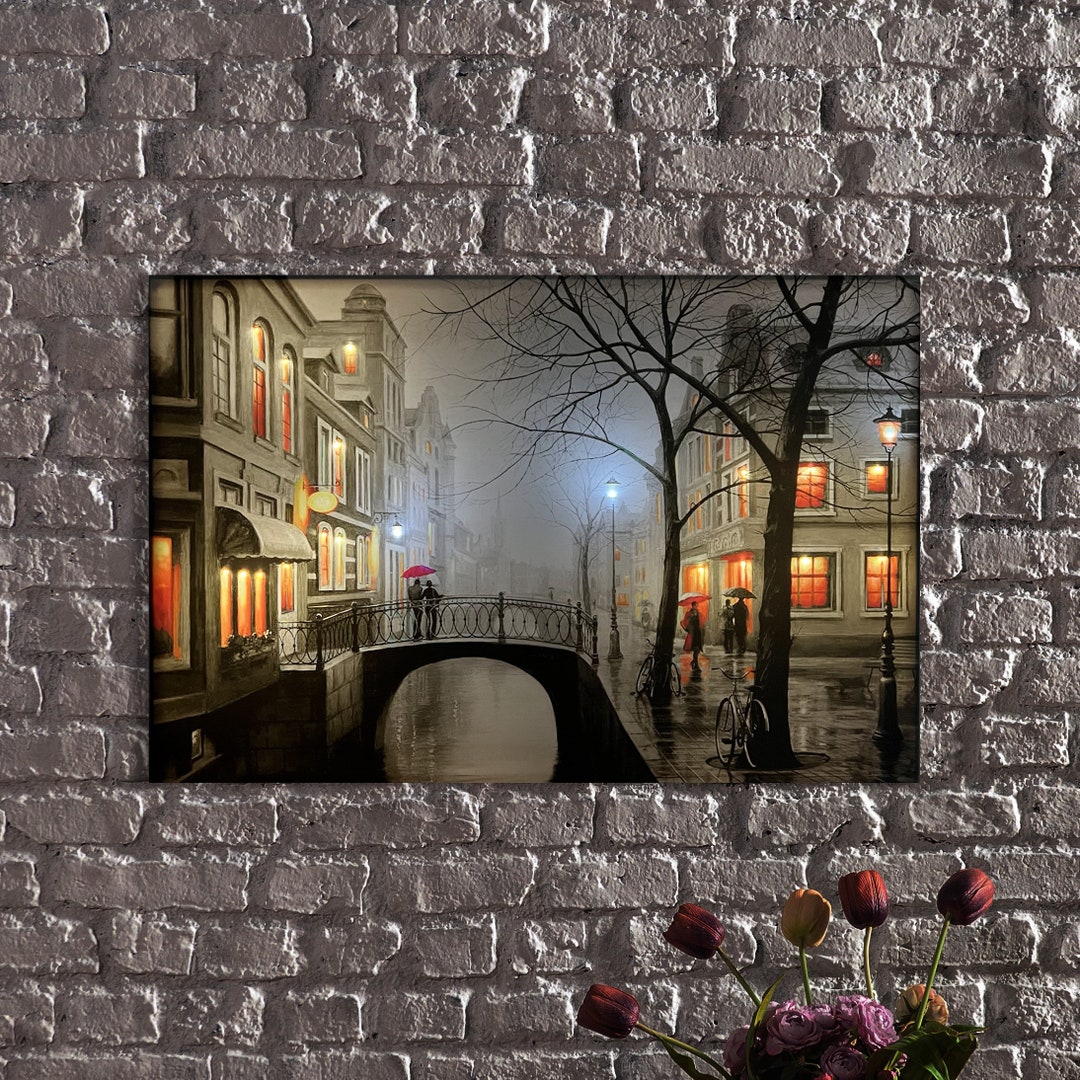 LED Illuminated Canvas Art Romantic Rainy Evening Canal Bridge LED ...