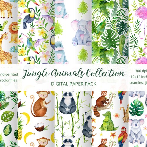 Jungle Animals Digital Paper. Watercolor Safari Scrapbook - Etsy