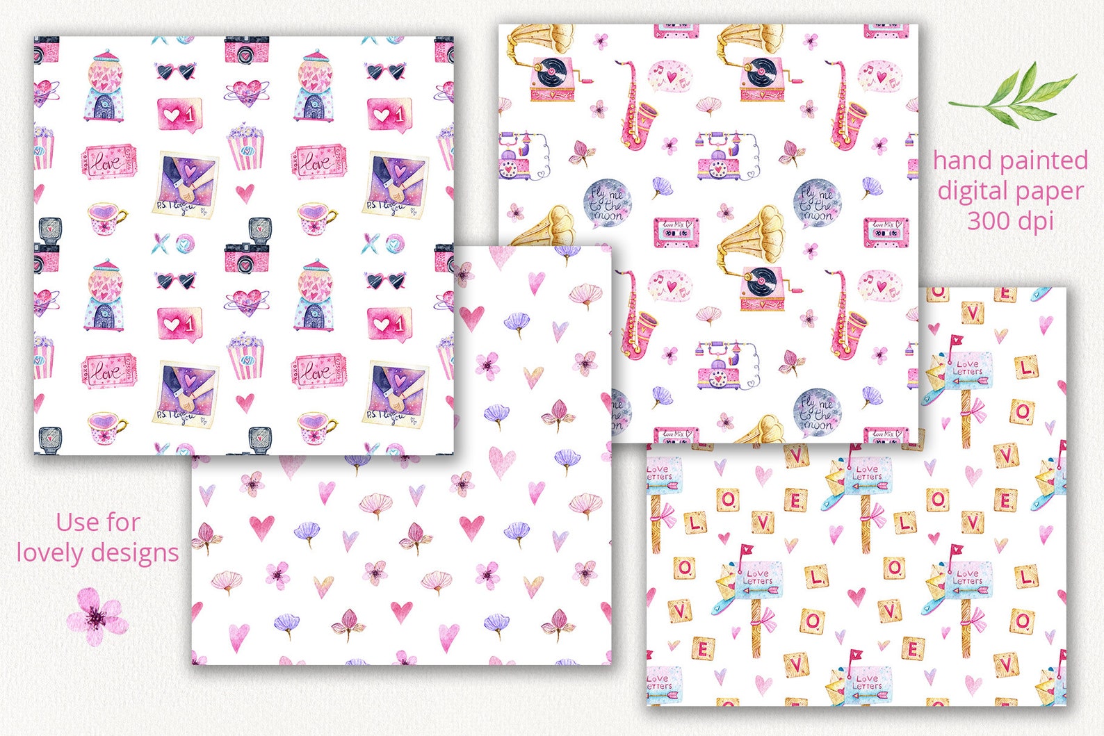 Valentine Day Digital Paper Watercolor, Love Heart Paper Pack, Flower ...