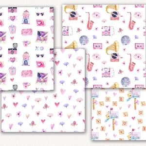 Valentine Day Digital Paper Watercolor, Love Heart Paper Pack, Flower ...