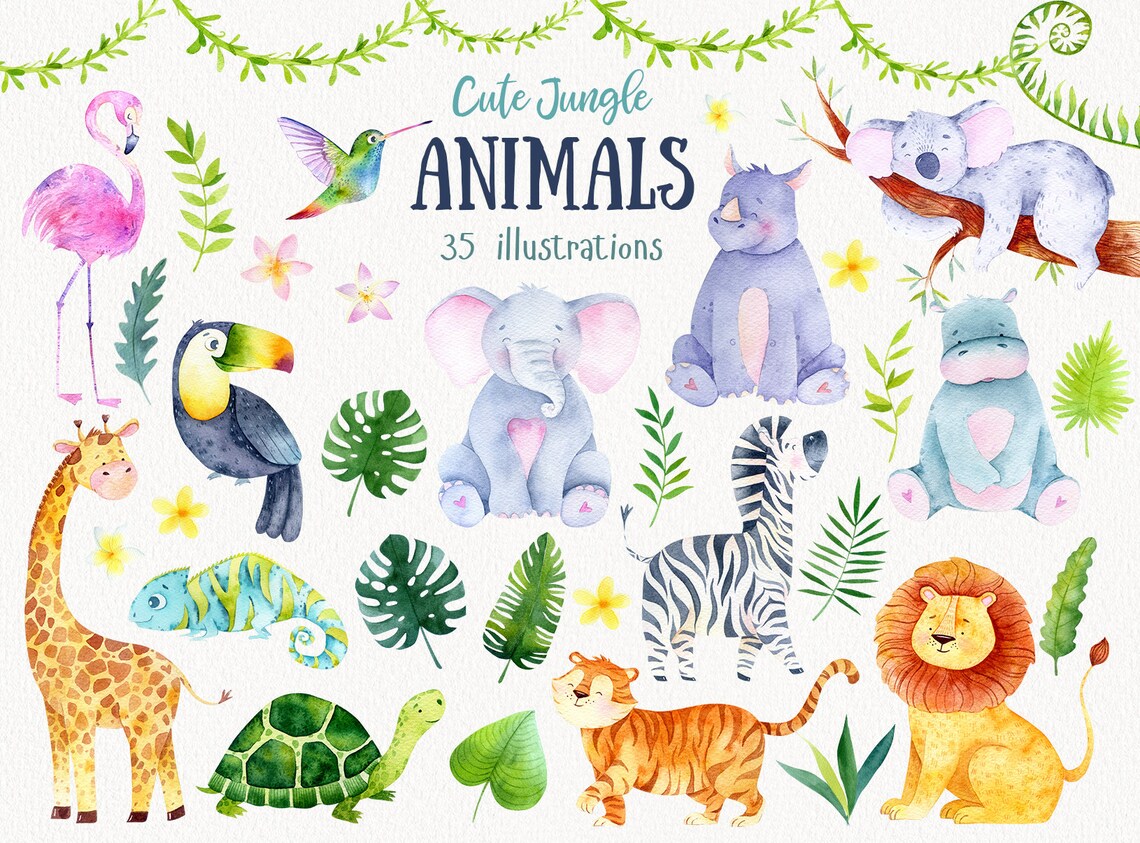 Jungle Animlas, Safari Watercolor Clipart, Babyshower Jungle, Safari ...