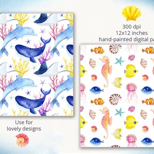 Mermaid and Sea Digital Paper Pack. Watercolor Ocean Animals Seamless ...
