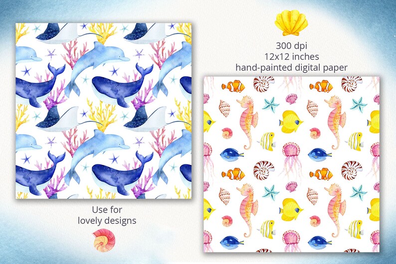 Mermaid and Sea Digital Paper Pack. Watercolor Ocean Animals | Etsy