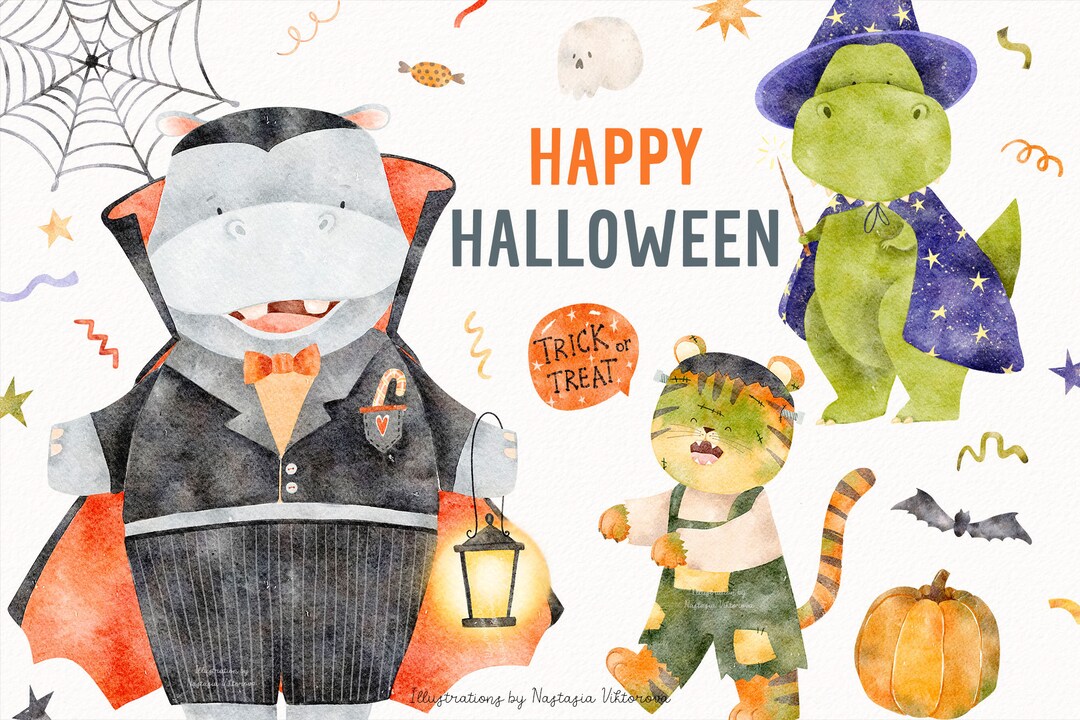Halloween Animal Clipart: Watercolor Dinosaur, Safari, Woodland PNG ...
