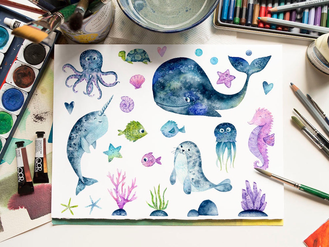 Sea Watercolor Clipart Ocean Clip Art Whale Narwhal Fur | Etsy