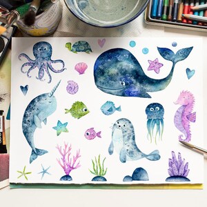 Sea Watercolor Clipart Ocean Clip Art Whale Narwhal Fur - Etsy