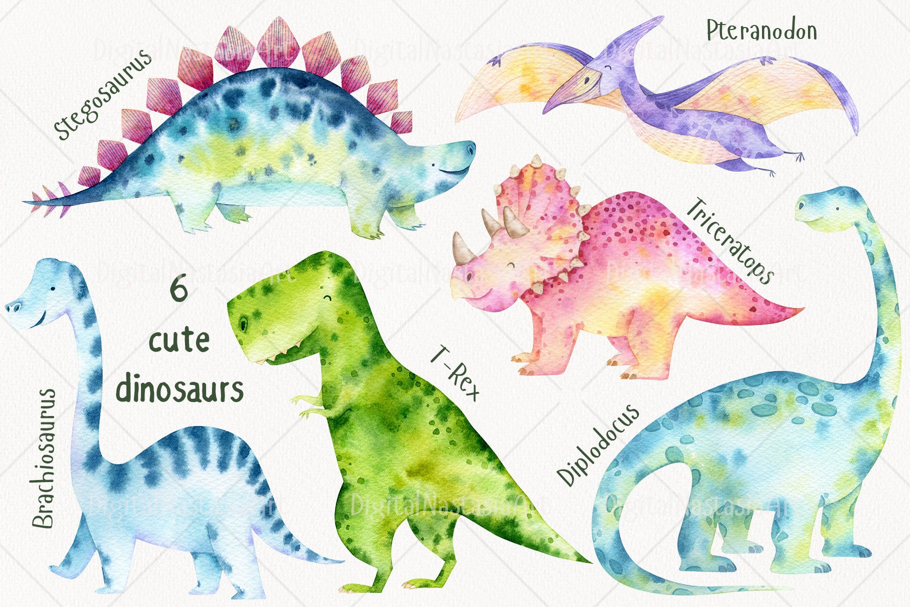 Watercolor Dinosaur Clipart Dinosaur Illustration Babyshower | Etsy
