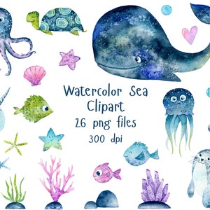 Sea Watercolor Clipart Ocean Clip Art Whale Narwhal Fur - Etsy