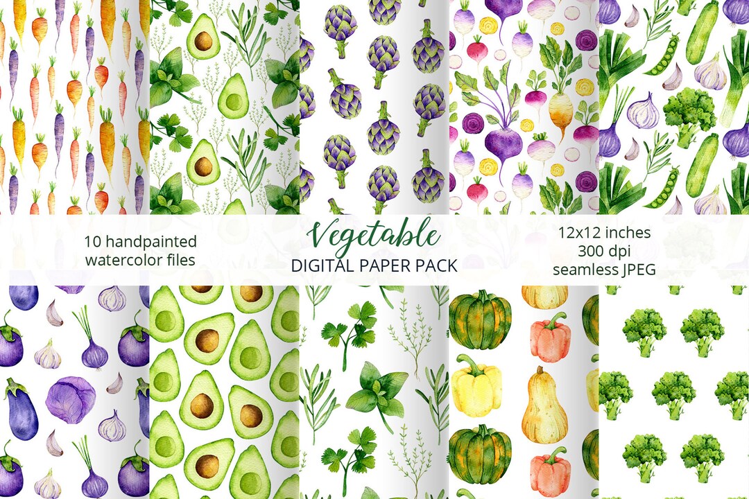 Vegetable Pack, Greenery Digital Paper, Avocado Pattern, Veggie ...