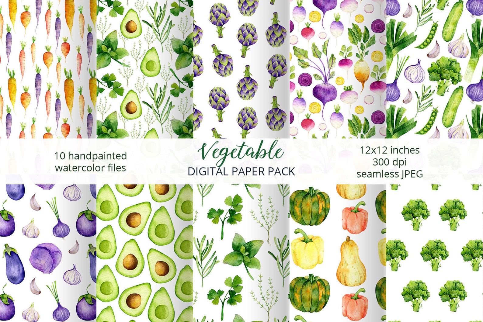 Vegetable Pack, Greenery Digital Paper, Avocado Pattern, Veggie ...