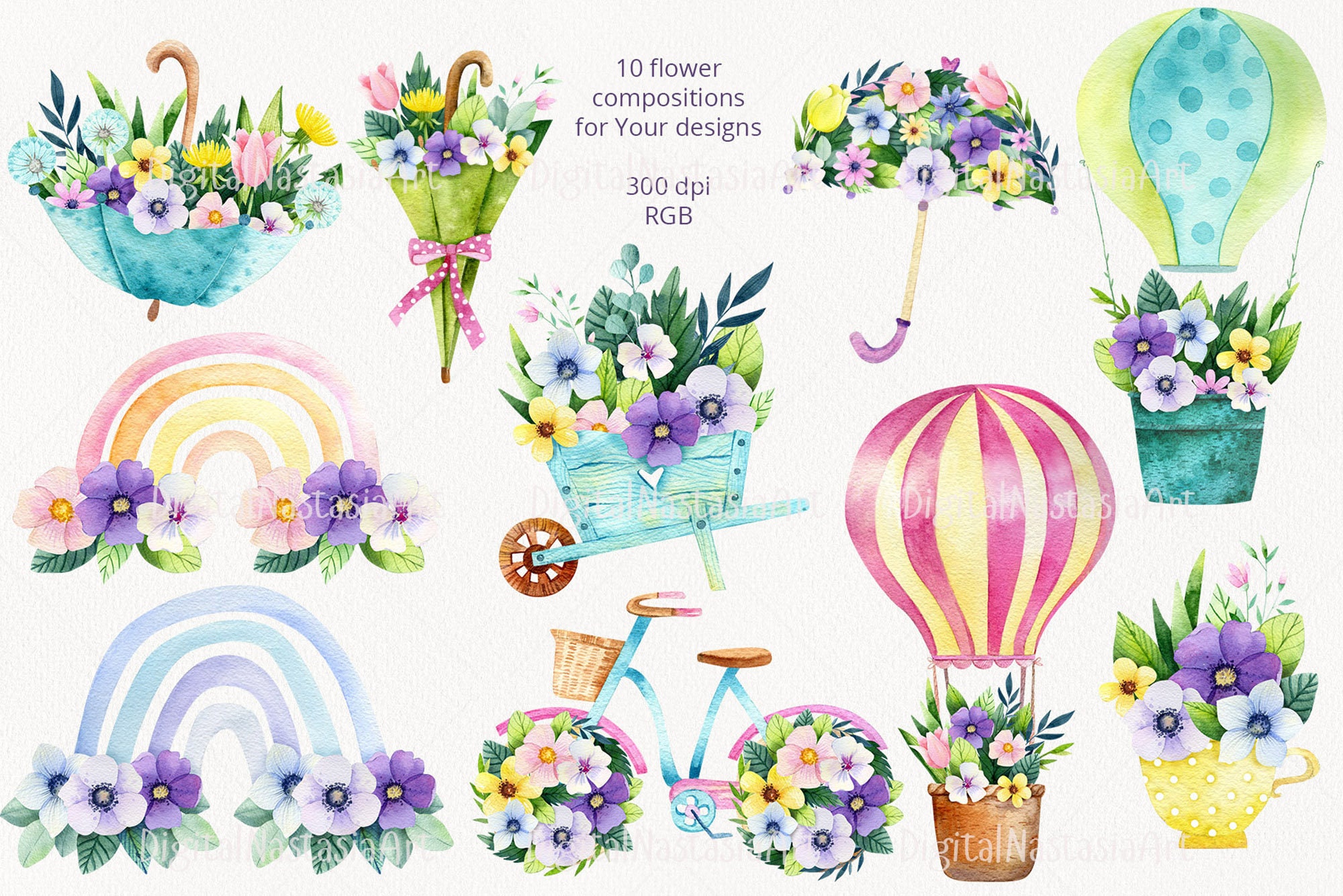 Watercolor Flower Clipart. Spring Hand Painted Clip Art. - Etsy