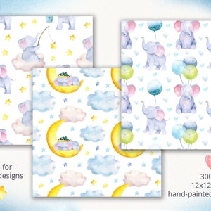 Baby Elephant Digital Paper Pack. Cute Elephants Printable Papers. Moon ...