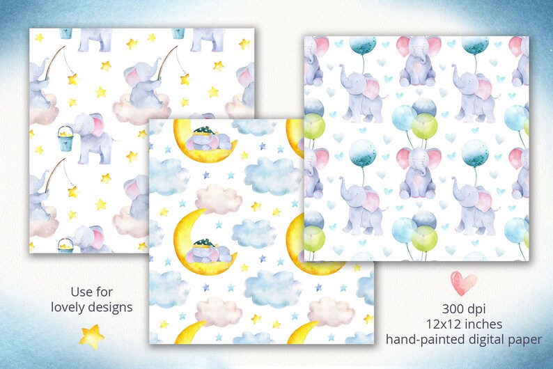 Baby Elephant Digital Paper Pack. Cute Elephants Printable Papers. Moon ...