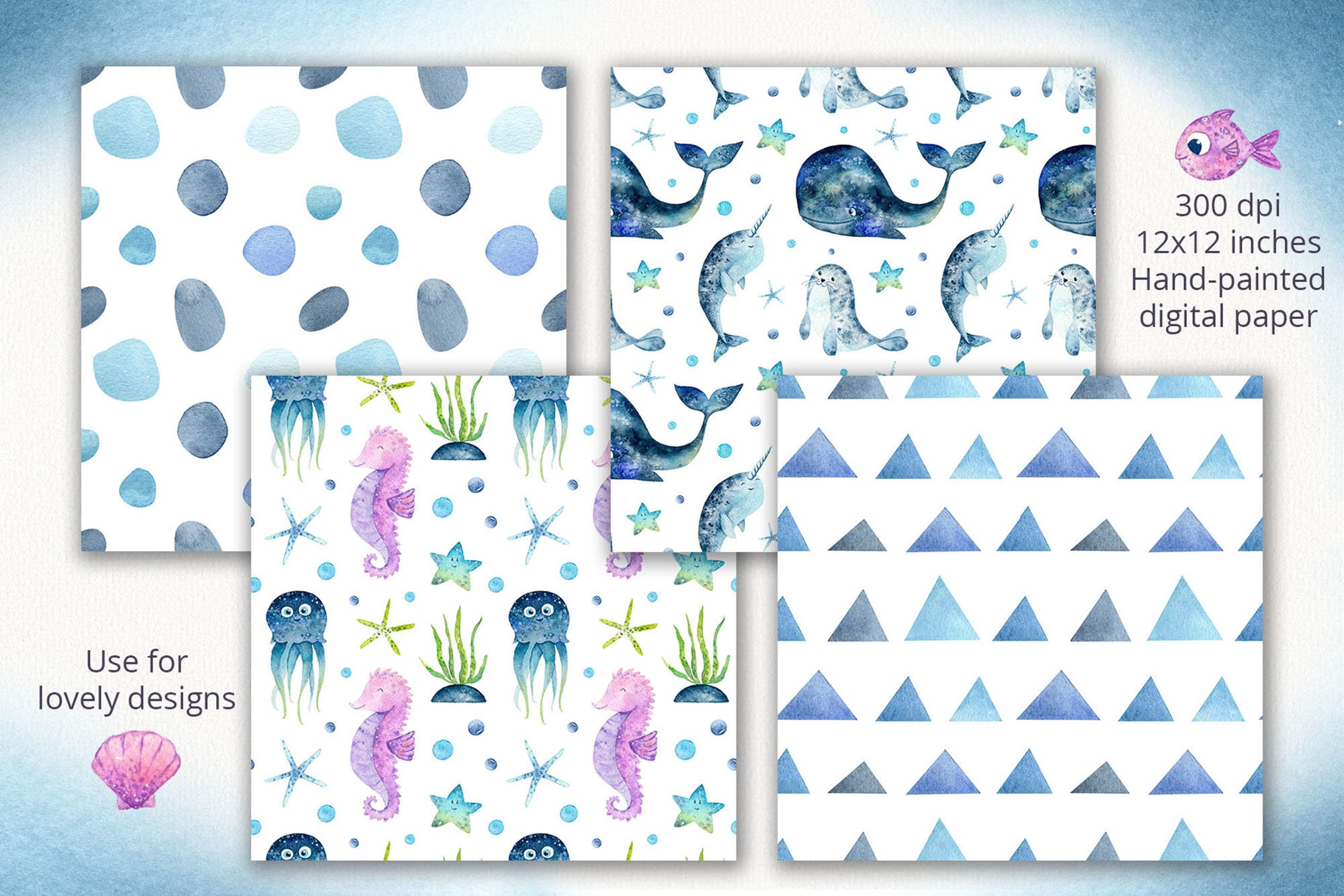 Watercolor Sea Digital Paper Pack. Ocean Seamless Patterns. | Etsy