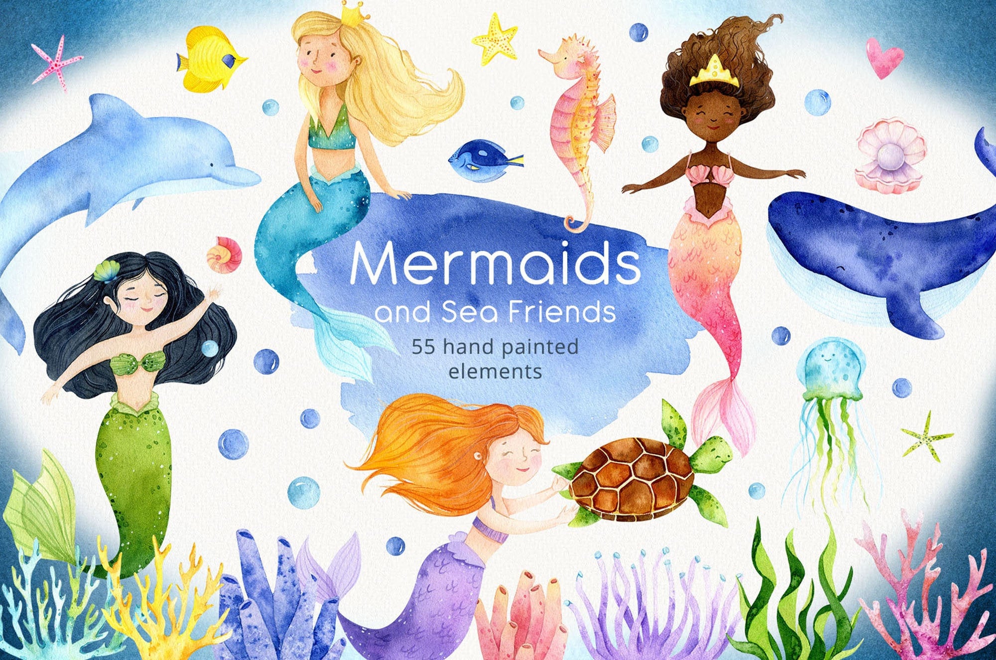 Mermaids Watercolor Clipart. Underwater Clip Art PNG. Little | Etsy