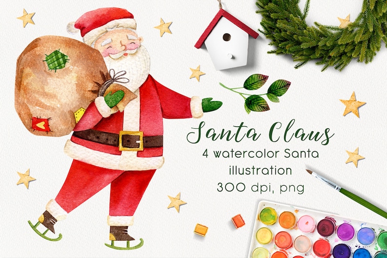 Santa Claus Clipart Santa Watercolor Christmas Clipart - Etsy