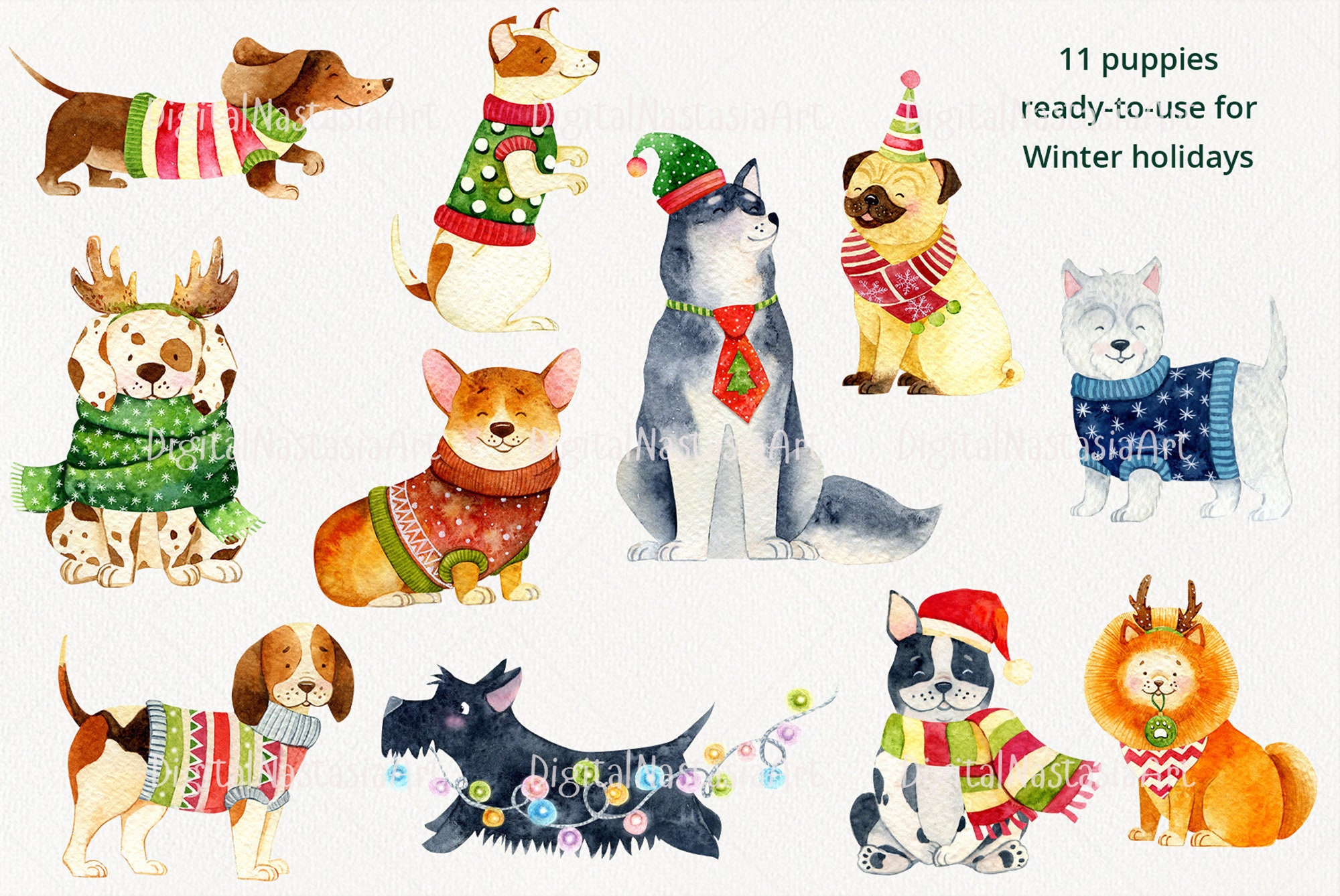 Christmas Dog Clipart, Watercolor Dog, Winter Dog Clip Art, Puppy Set ...