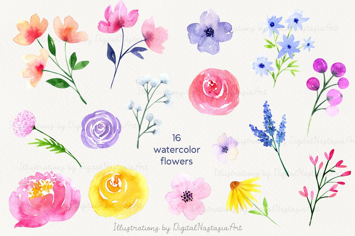 Watercolor Flower Summer Clipart Hand Drawn Greenery - Etsy