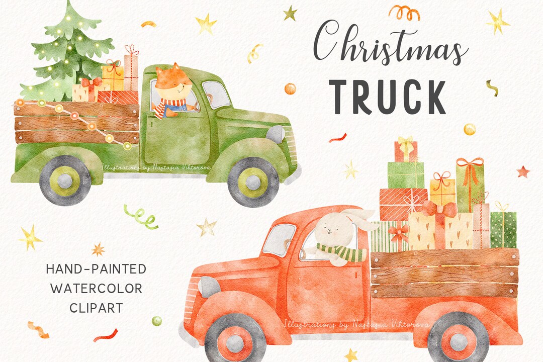 Watercolor Christmas Truck Clipart: Retro Animal PNG (digital Download ...