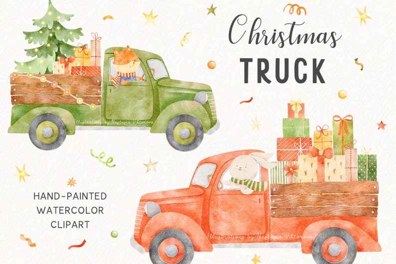 Watercolor Christmas Truck Clipart: Retro Animal PNG (digital Download ...
