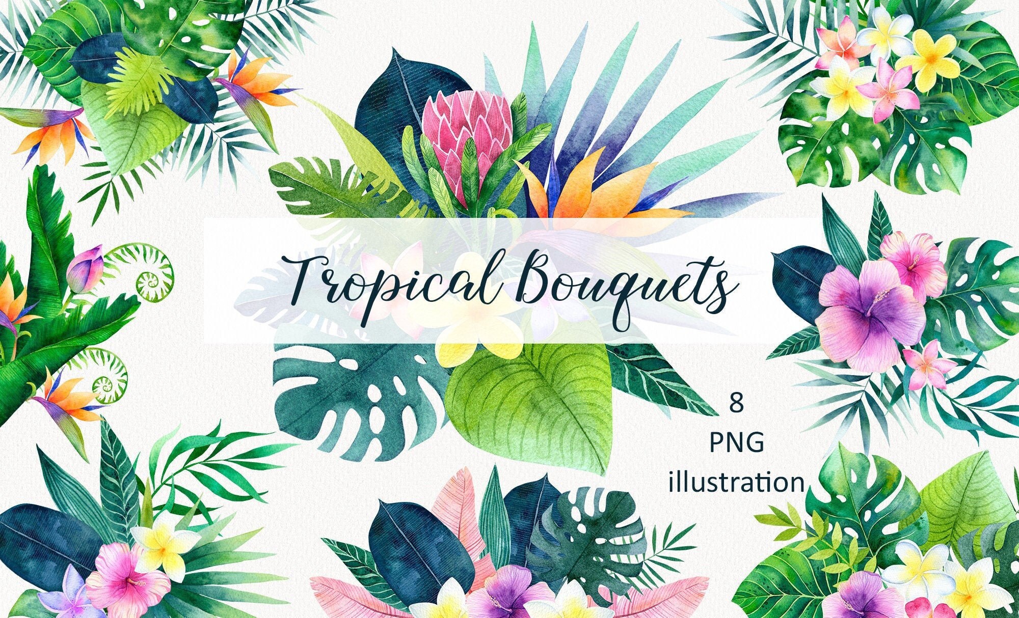 Tropical Flower Bouquet Clipart Hawaii Greenery Exotic - Etsy