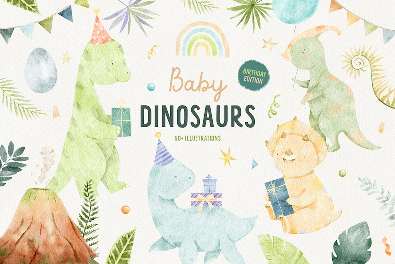 Watercolor Baby Dinosaur Clipart for Nursery Birthday Baby - Etsy