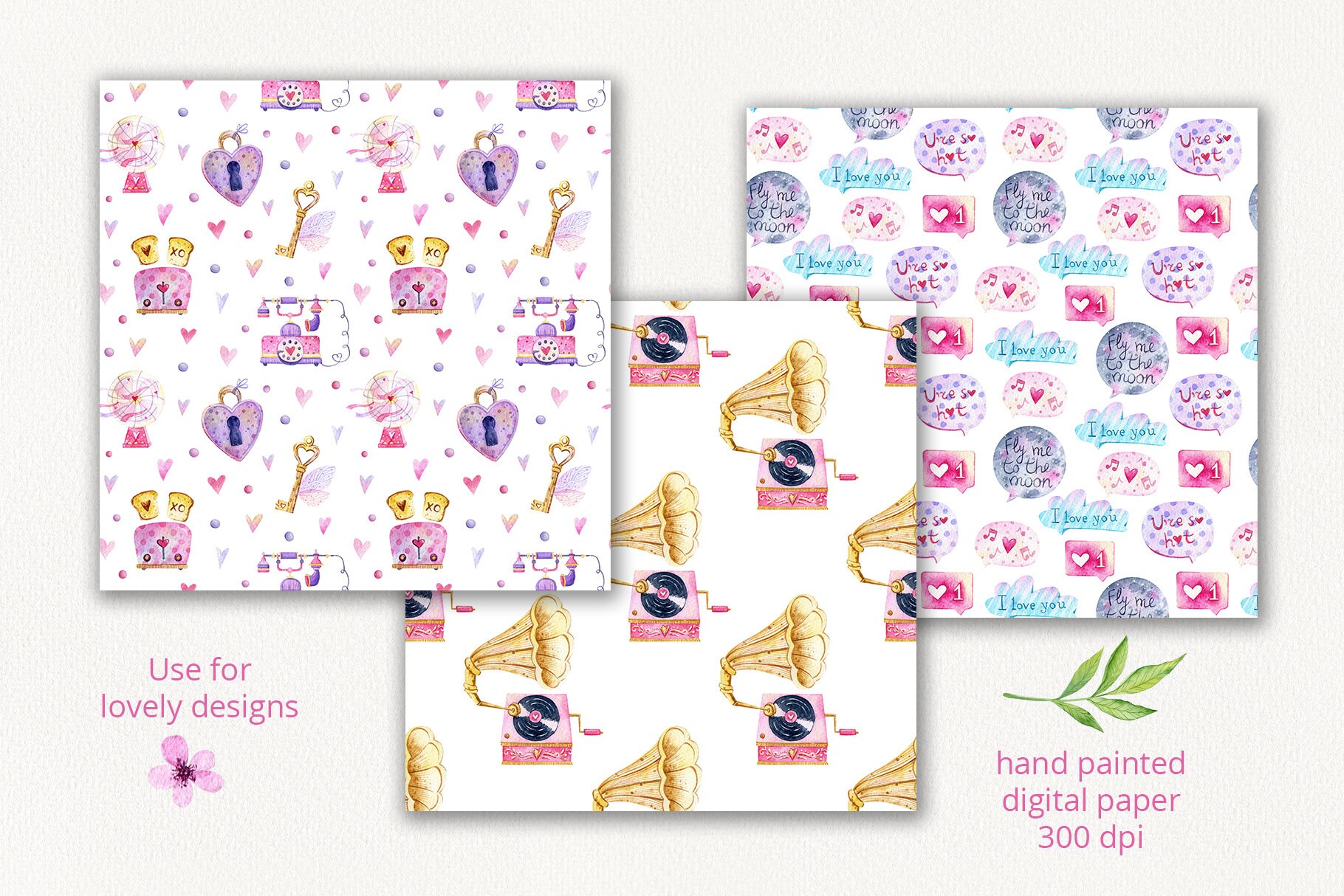 Valentine Day Digital Paper Watercolor, Love Heart Paper Pack, Flower ...