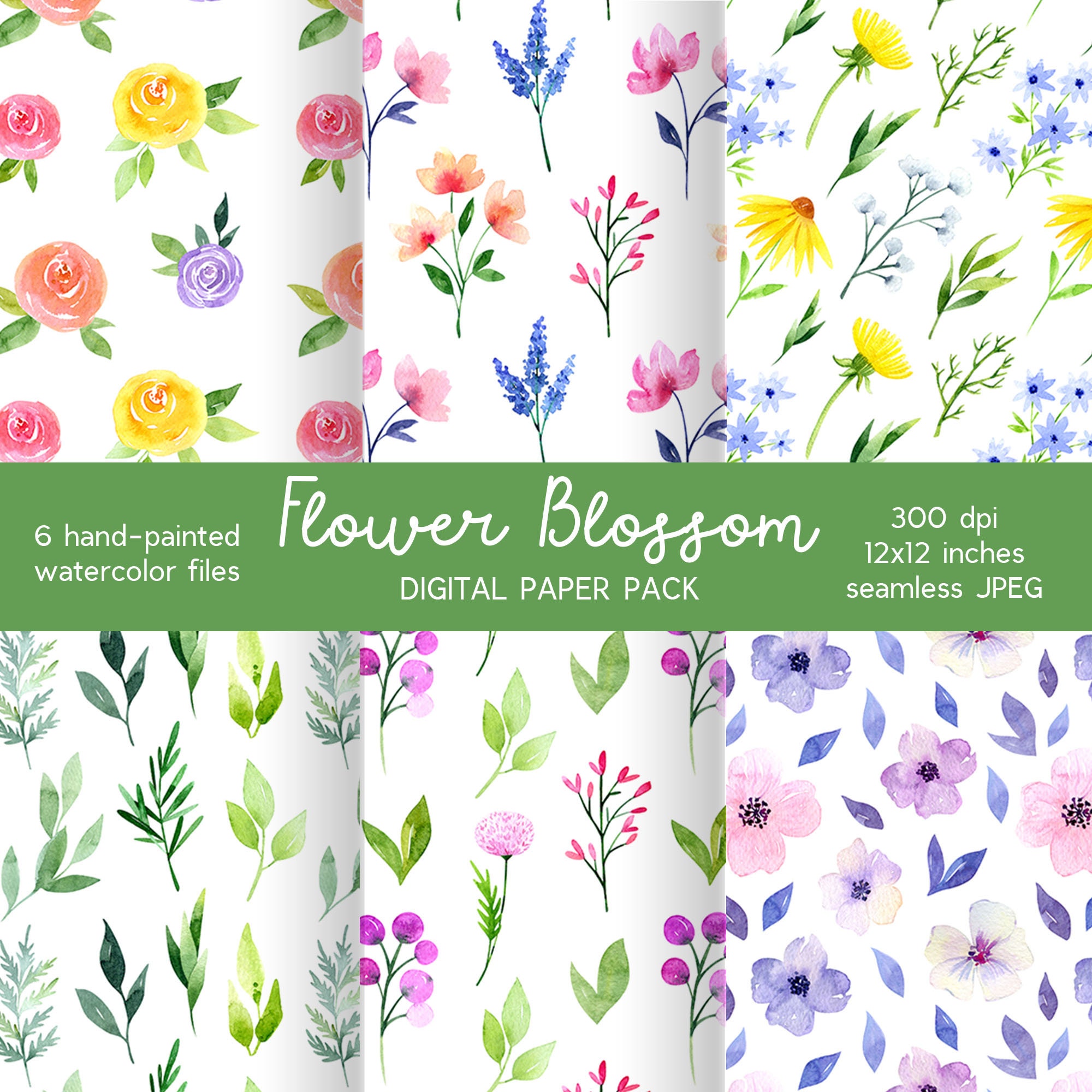 Summer Floral Digital Paper, Watercolor Flowers Seamless Designs, Hand ...