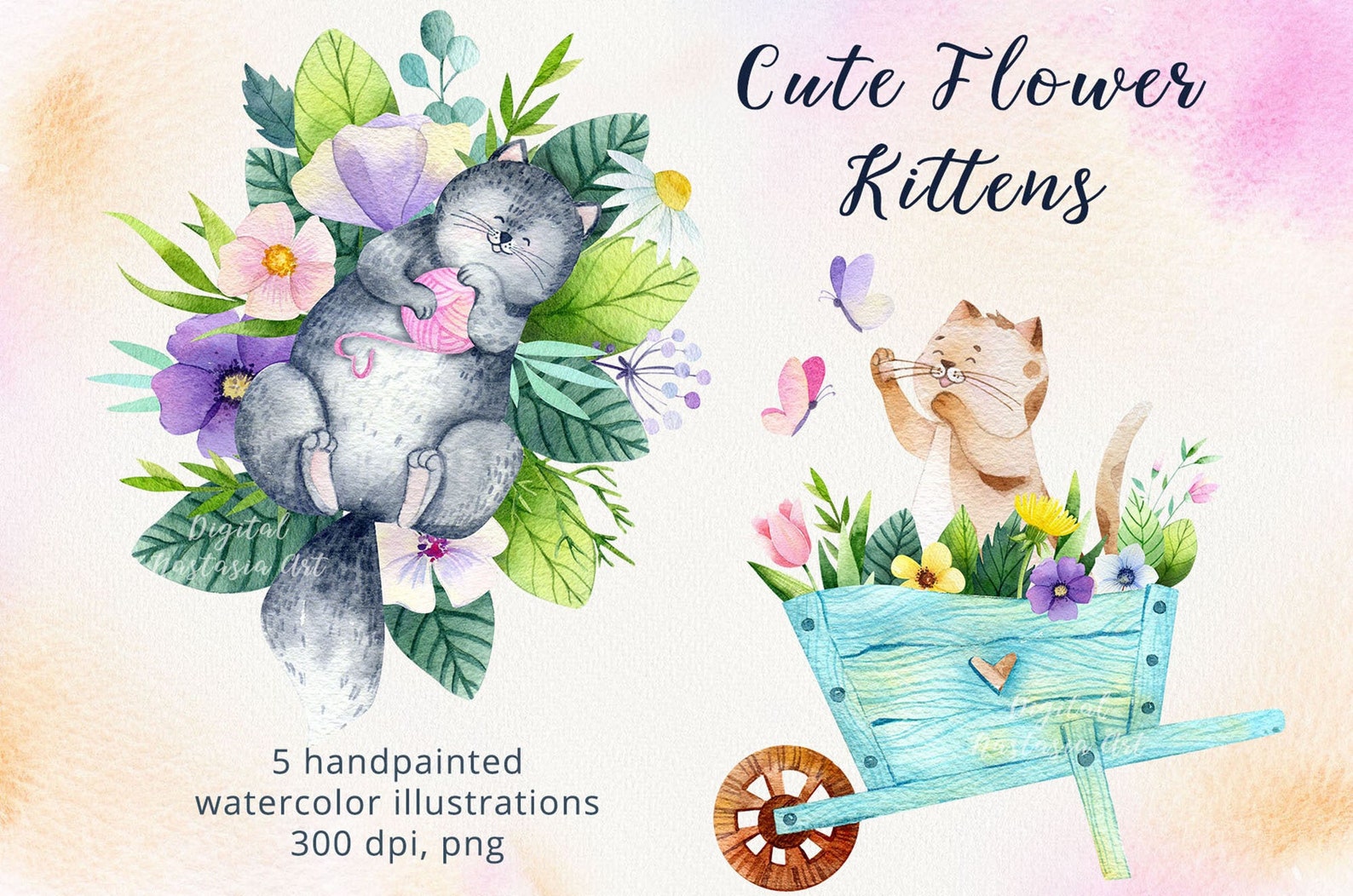 Cat Watercolor Floral Clipart. Cute Kitten Clip Art. Spring and Summer ...