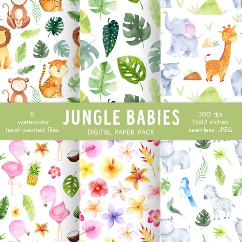 Jungle Animals Digital Paper. Watercolor Safari Scrapbook - Etsy